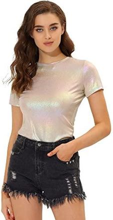 Allegra K Femme Fête Métallique Textured Short Manche Brillant Multicolore Top Blanc Multicolore XS