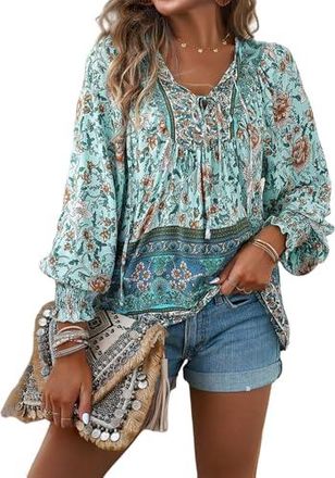 Generic Haut d&eacute;contract&eacute; &agrave; col en V pour femme, chemise de plage ample boh&egrave;me &agrave; manches longues avec imprim&eacute; floral, chemisier tunique dautomne, Vert, XL