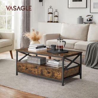 Vasagle Table Basse, Table de Salon, Buffet Bas, avec 2 Tiroirs et Un Compartiment Ouvert, Cadre en Acier en Forme de x, 100 x 55 x 45 cm, Style Industriel