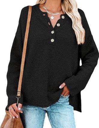Generic Pull Oversize en Tricot &agrave; Manches Chauve-Souris pour Femme, Coupe Ample, col en V, Taille L, Collection 2025