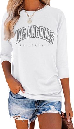 TOMWELL T-Shirt Damen 3/4 Arm Shirt Rundhals Grafik Druck Tshirt Sommer Leichte Pullover Oberteile B Wei&szlig; M