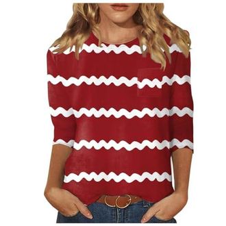 Generic T-shirt femme manches 3/4 &eacute;t&eacute; d&eacute;contract&eacute; polyvalent normal simple imprim&eacute; col rond chemise d&eacute;contract&eacute;e, rouge, XXL