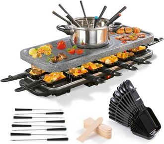 Gourmetmaxx Raclette & Fondue Combi XXL pour 12 personnes | Gril à raclette 4 en 1 + poêlon, set à fondue & pierre chaude | Gril de table électrique + plaque de g