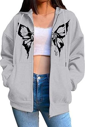 Generic Vestes pour femmes 2026 &agrave; capuche imprim&eacute; gothique avec cordon de serrage et poche zipp&eacute;e &agrave; manches longues, manteau ample pour adolescentes, gris, XX