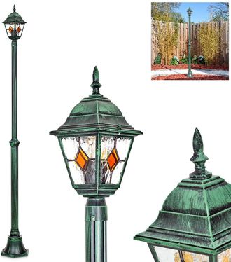 HOFSTEIN Kandelaber Naofe, Au&szlig;enwegeleuchte aus Metall/Glas in Schwarz/Gr&uuml;n/Klar/Orange, Wegebeleuchtung 196 cm, 1 x E27, IP44, Wegeleuchte im Vintage-Design f