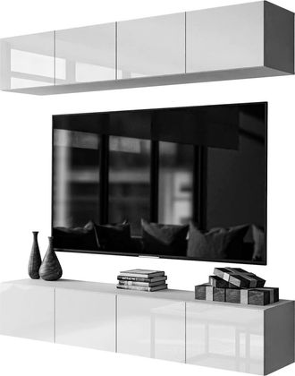 Lukmebel Colgante I Wohnwand Wohnwand Set TV-Schrank H&auml;ngeschrank Wei&szlig; Hochglanz HG Fernsehschrank mit LED Beleuchtung und Push to Open System Sideboard Lowboa