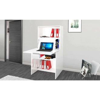 Dmora Schreibtisch mit versteckter Platte, Made in Italy, Schrank mit Regalen und Arbeitsplatte, Platzsparender Kleiderschrank, cm 70x35h140, Farbe Wei&szlig;