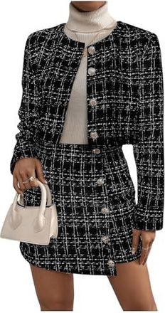 Generic Tenues 2 pi&egrave;ces pour femmes ensemble veste et jupe &agrave; manches longues blazer en tweed &agrave; carreaux (Encre noire,X-Large)