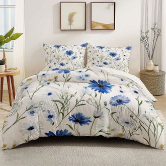 Generic Bettbezug Weiß Wendbar Bettwäsche Sets, Mit Reißverschluss Pflanze Kornblume Thema Mikrofaser Bettbezug Für die Schlafzimmerdekoration 135 x 200 cm
