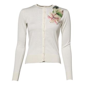 Dolce & Gabbana Femme, Pulls, Blanc, Taille: 32 FR Gilet Cardigan en Soie Blanche avec Lys