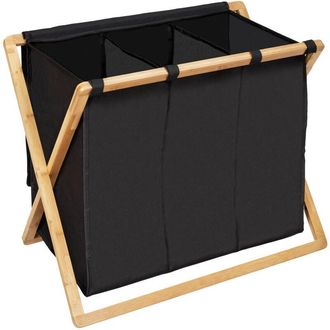 WENKO Bambus Wäschesammler Trio Ecori 69 x 56,5 x 33 cm - Gestell: natur, Wäschesack: Schwarz, Brett: natur - Wenko