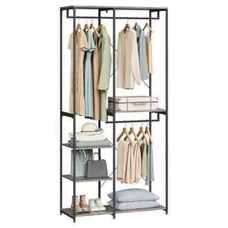 Woltu Porte-manteau avec Étagère de Rangement, Penderie Vêtement Industrielle avec Cadre Métallique, 90x40x204,5 cm,en Bois MDF et en Métal, Noir+Rouille