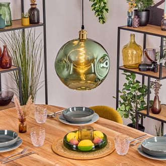 HOFSTEIN H&auml;ngeleuchte Ripoll, 1-flammige H&auml;ngelampe aus Metall/Glas in Goldfarben/Gr&uuml;n, moderne Pendelleuchte im Retro/Vintage-Design (Schirm 30 cm), E27, Essz