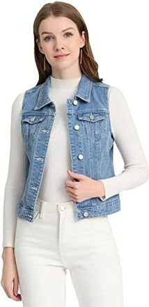 Allegra K Gilet en Denim Délavé Boutonné Femme Veste en Jean sans Manches avec Poches à Rabat Bleu clair-B XS