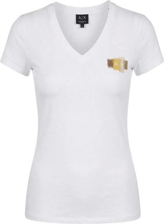 A|X Armani Exchange Femme, Tops, Blanc, Taille: 40 FR T-shirt imprim&eacute; en coton &agrave; col en V et manches courtes