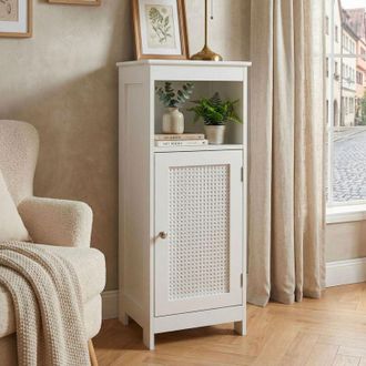 M&S Collection Meuble de rangement 1 porte 1 niche 30x28x80 cm avec cannage blanc