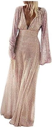 Generic Robe Pull Longue Paillettes V Cou Pleine Manches Solide Ceinture Robe De Soirée Robe Portefeuille Midi Décontractée (Pink, XL)