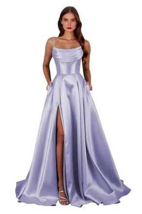 Generic Robes de bal en satin à bretelles spaghetti avec fente trapèze, robes de bal longues robes de soirée formelles avec poches, lavande, 58 Grande taille