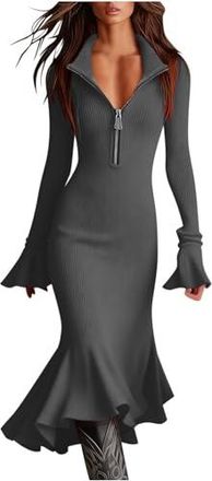 Generic Robe en tricot &agrave; manches cloches et fermeture &eacute;clair quart pour femme - Style queue de poisson moulante &agrave; manches longues, id&eacute;ale pour lautomne, les l