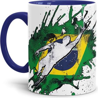 Tassendruck Flaggen-Tasse Fussballer -Brasilien - Fahne/Länderfarbe/WM 2018/Weltmeisterschaft/Cup/Tor/Innen & Henkel Dunkelblau - Qualität Made in Germany