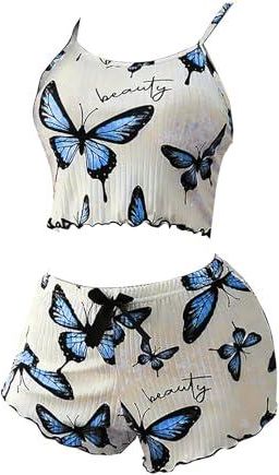 Generic Short Pyjama Femme Sexy Robe Longue Femme Hiver Ensemble Pyjama Sexy avec Bretelles Et Pantalon Court &agrave; Imprim&eacute; Combinaison Hiver Soie Short Blue M