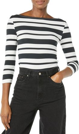 Amazon Essentials Damen T-Shirt mit Bateau-Ausschnitt und 3/4-Ärmeln in schmaler Passform, Schwarz Weiß Platzierter Streifen, XL