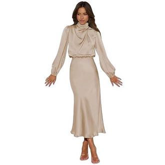 Generic Robe &eacute;l&eacute;gante en satin pour femme - Robe longue formelle &agrave; manches longues avec manches lanternes, ourlet en queue de poisson, taille haute, robe dinv