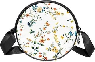 Generic Petit sac &agrave; bandouli&egrave;re circulaire pour femme, motif floral et feuilles, sac &agrave; dos &agrave; bandouli&egrave;re r&eacute;glable avec fermeture &eacute;clair, sac &agrave; main rond d&eacute;con