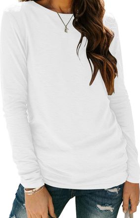 Zeagoo Damen T-Shirt L&auml;ssig Langarm Oberteile Rundhals Basic Langarmshirt Herbst Winter Locker Longsleeve Wei&szlig; XL