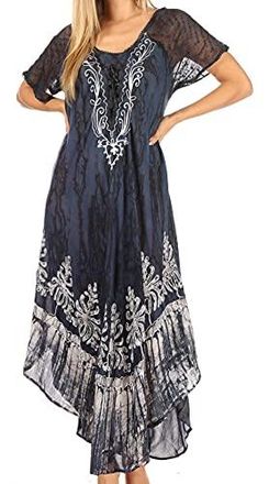 Sakkas 16601 - Ronny Lace Manteau à Manches mignées Tie Dye Wash Caftan Dress/Cover Up - Dusty Blue/Black - OS