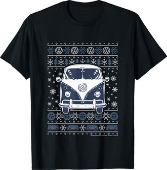 Volkswagen T-Shirt T1 Camper Weihnachten Strickmuster Schwarz Unisex Klein Halbarm Crew Neck Anpassend Klassisch Officially Licensed