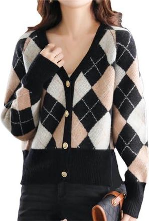 Generic Cardigan Imprimé À Carreaux Losange pour Femme, Col en V, Vintage, Tricoté, Haut Court, Pull Décontracté, Ample, Tricot, Hiver, Automne