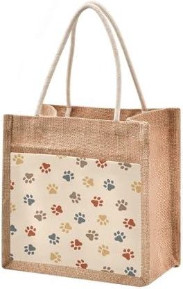 Mnsruu Sac fourre-tout réutilisable en toile de jute avec imprimé pattes de chien colorées pour femmes, filles, demoiselle dhonneur, mariage, école, 25 x 25 