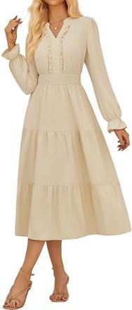 Grace Karin Robe de loisirs boh&egrave;me pour femme - Col en V - Volants - Taille &eacute;lastique - Robe midi, Abricot, M