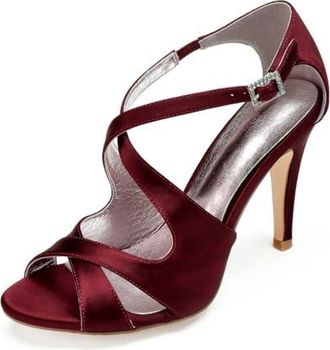 Generic Escarpins Femme Bout Ouvert Mariée Btide Cheville Boucle Satin Stylet Sandales Chaussures De Mariee Bal Dress Fête 10.5Cm,Burgundy,39 EU
