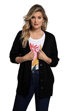 Ulla Popken Strickjacke, V-Ausschnitt, Knopfleiste, Feinstrick Pull-Over, Noir, 48-50 Femme