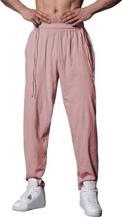 Generic Pantalon l&eacute;ger pour homme, pantalon en coton et lin, respirant et doux pour la peau, pantalon d&eacute;contract&eacute; confortable, polyvalent et couleurs unies, b