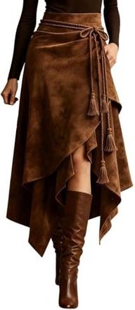 Generic Jupe en daim asym&eacute;trique pour femme - Style western boh&egrave;me - Taille haute - Vintage - Jupe de cowboy - Jupe trap&egrave;ze, caf&eacute;, XXL