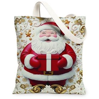 Generic Sacs fourre-tout en toile avec motif P&egrave;re No&euml;l, sacs d&eacute;picerie r&eacute;utilisables, vintage l&eacute;gers et lavables avec bandouli&egrave;re, Rouge, 13x15 Inch