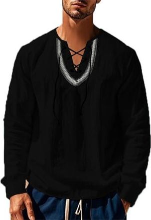 Generic Chemise d&eacute;t&eacute; en coton et lin pour homme - Chemise d&eacute;contract&eacute;e en coton et lin - Col rond - Manches longues - Tunique classique, Noir, XXL