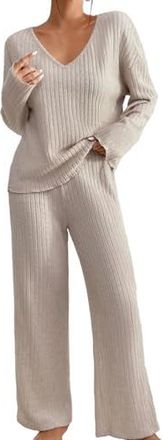 Generic MJGkhiy Combinaisons en tricot pour femme élégant complet 2 pièces en laine costume décontracté complet pull à manches longues col en V et pantalon à 