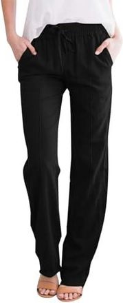 Generic Pantalon en lin pour femme - Jambe large avec poches - Taille haute - Taille &eacute;lastique - D&eacute;contract&eacute; - Pantalon d&eacute;t&eacute; ample - Pantalon de yoga long et 