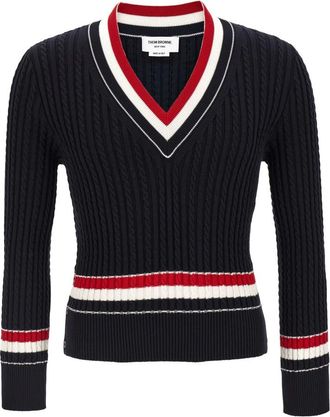 Thom Browne Homme, Pulls, Bleu, Taille: M Braid Cotton Sweater