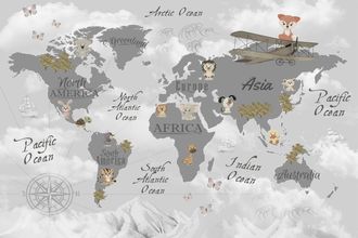 OEM Carta Da Parati Fotografica Per Bambini Con Mappa Del Mondo In Grigio, Aerei E Animali Dwk292 300x200