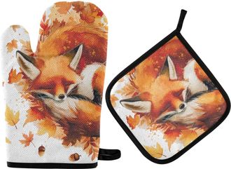 Generic 2 St&uuml;ck Backhandschuhe Set Herbst Fuchs Ahorn Herbstbl&auml;tter Topfhandschuhe Rutschfestes Ofenhandschuhe F&uuml;r Backen, Kochen, Zum Grillen