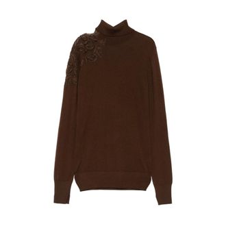 Ermanno Scervino Femme, Pulls, Brun, Taille: 40 FR Pull &agrave; col roul&eacute; fin avec empi&egrave;cements en dentelle