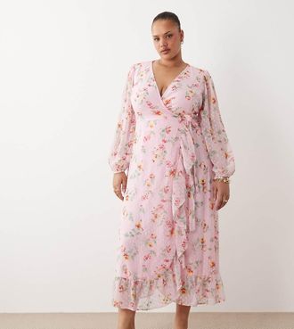Vila VILA Curve - Maxi-Wickelkleid aus Dobby-Stoff in Kirschbl&uuml;tenrosa mit R&uuml;schen und Blumenmuster
