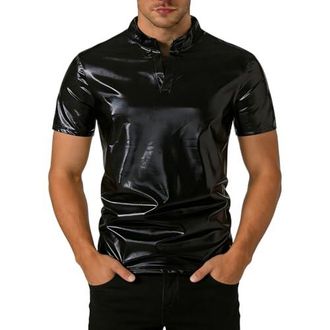 Generic T-shirt brillant pour homme, col montant, coupe ajust&eacute;e, col en V &eacute;tincelant, t-shirt disco v&ecirc;tements tendance, pour &eacute;v&eacute;nements de mode, Noir, XXL