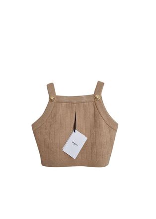Balmain Camel Stretch-Knit Square Neck Crop Top Size XS