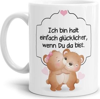 Tassendruck Bärchen-Tasse mit Spruch - Einfach glücklicher, wenn Du da bist - Kaffeetasse/Liebe/Partner/Geschenk-Idee - Weiß